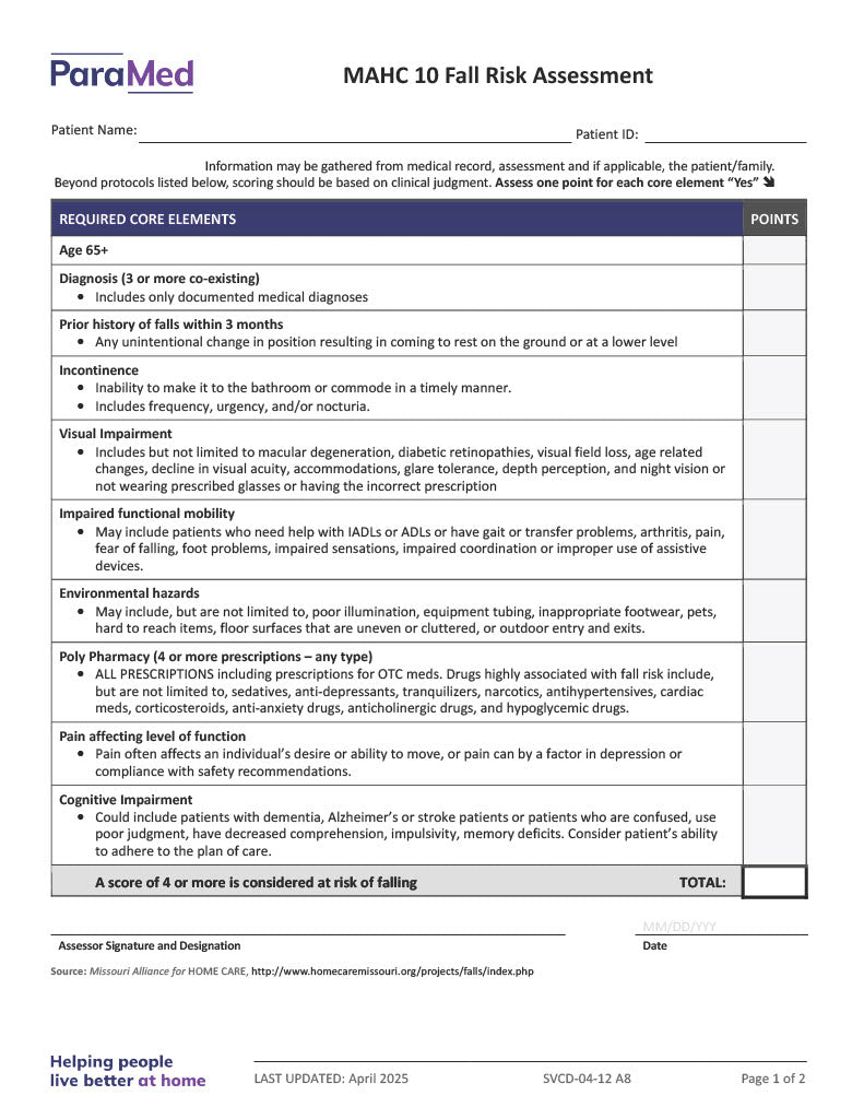 MAHC 10 Fall Risk Assessment Extendicare Print Shop MAHC 10 Fall Risk Assessment Extendicare Print Shop