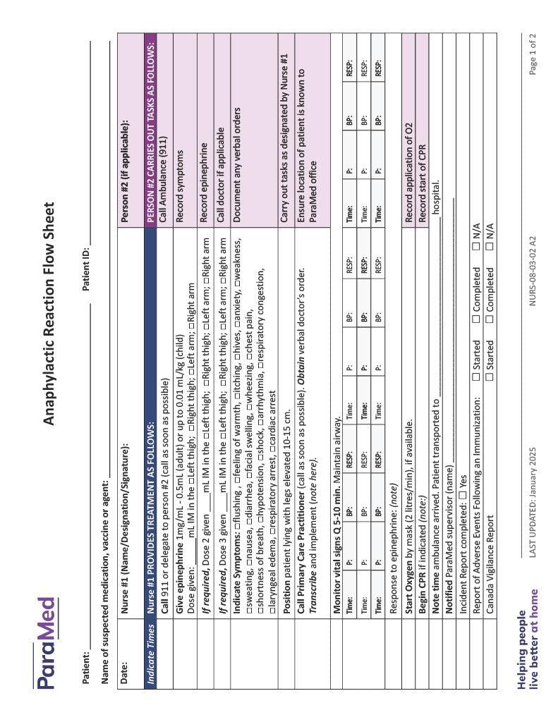 Anaphylactic Reaction Flow Sheet – Extendicare Print Shop