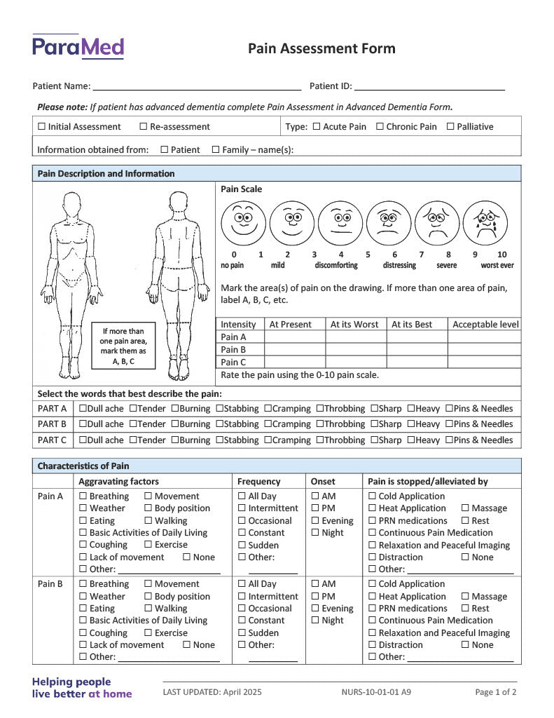 Pain Assessment Form – Extendicare Print Shop
