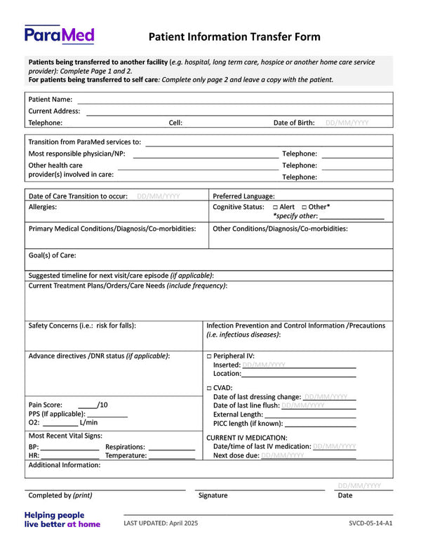 Patient Information Transfer Form – Extendicare Print Shop