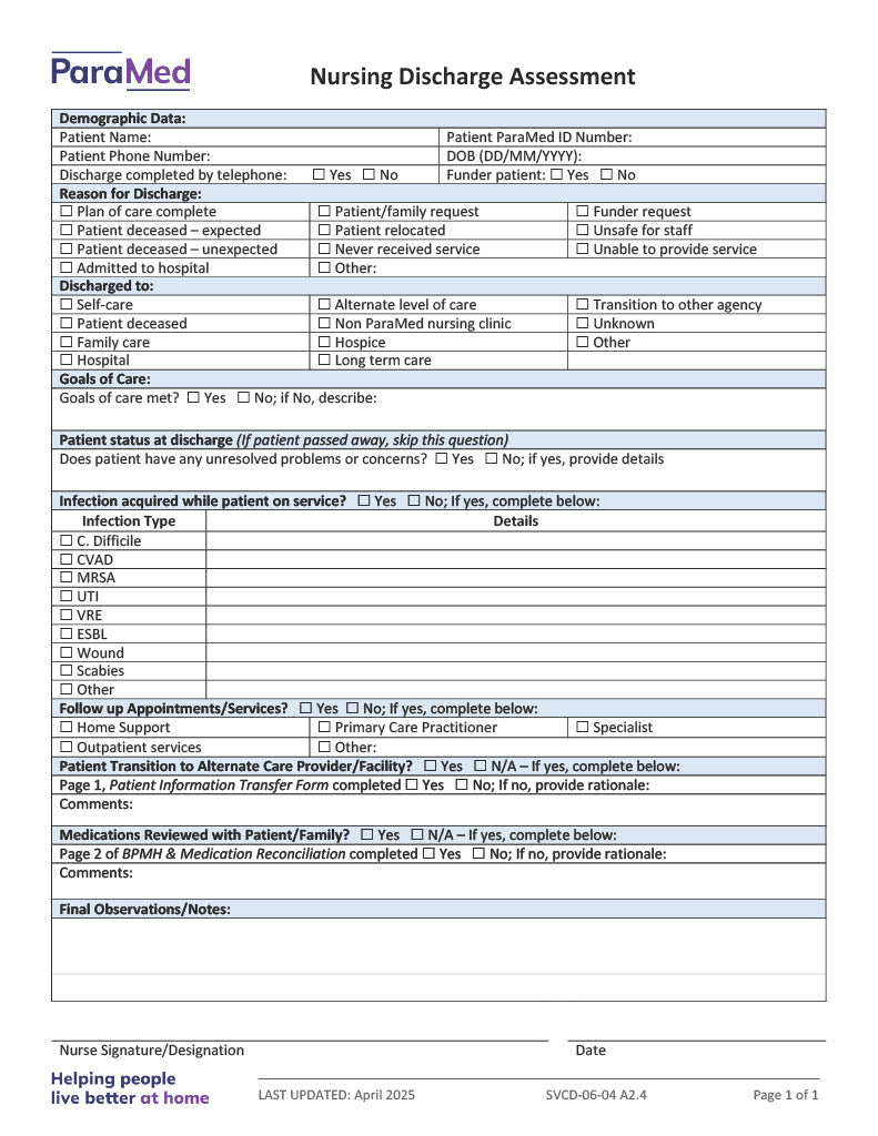 Nursing Discharge Assessment – Extendicare Print Shop
